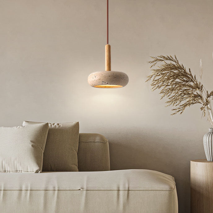 Traditional Japanese Round Wood Yellow Travertine LED Pendant Light For ...